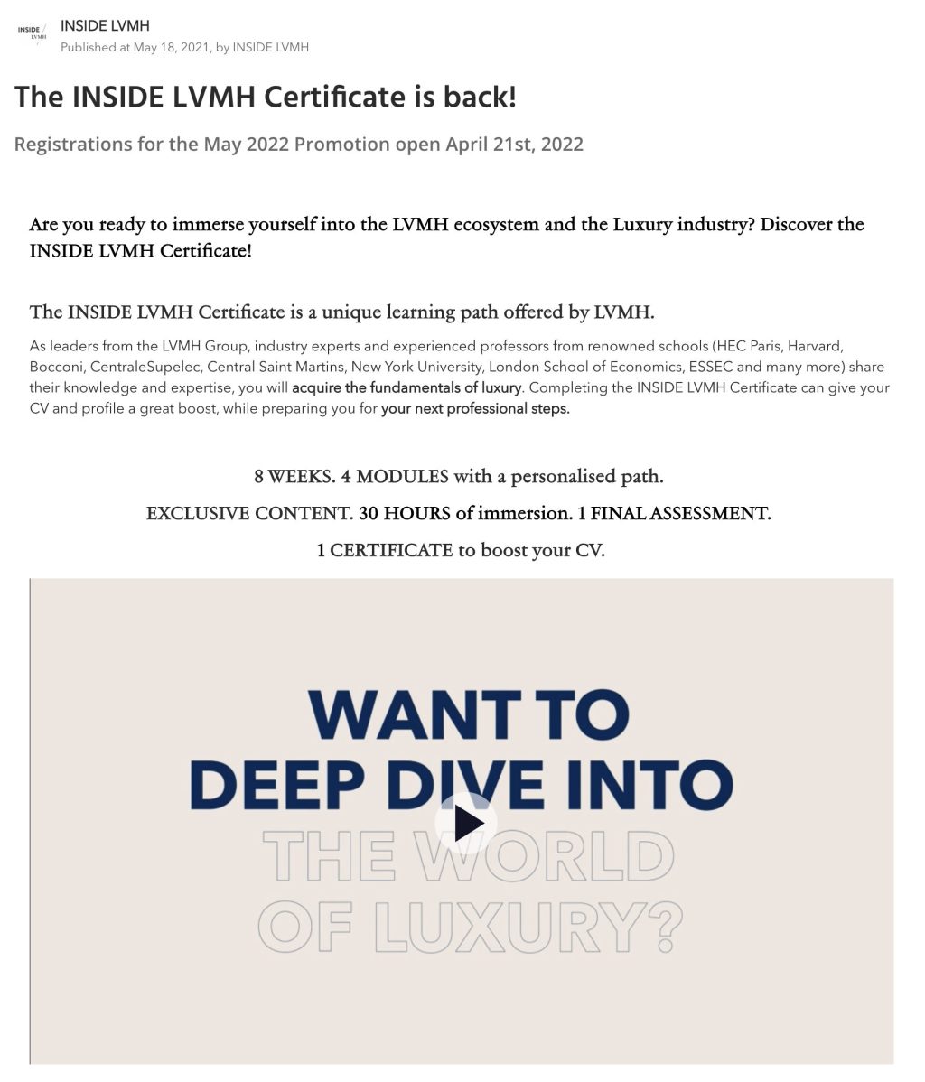 LVMH免费奢侈品管理入门网课，4月21日起报名！今天就去注册做准备吧～ - 🇸🇬新加坡省钱皇后-皇后情报局